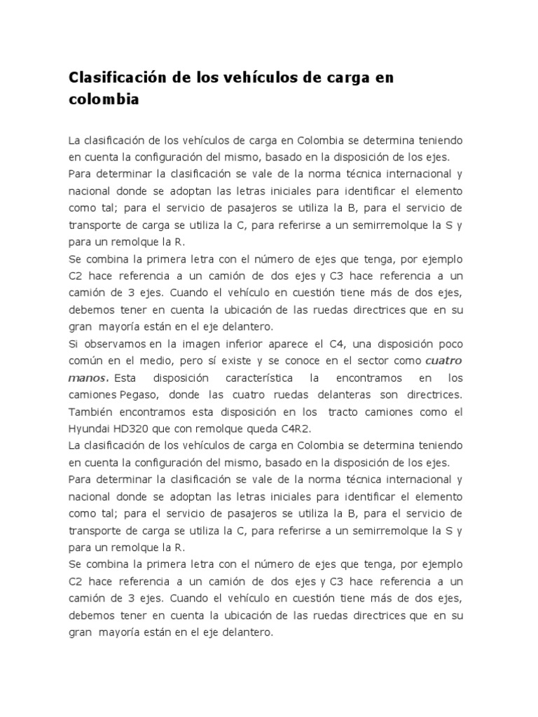 Clasificaci N de Los Veh Culos de Carga en Colombia 115fc6b24a5a63e | PDF | Eje | Camión
