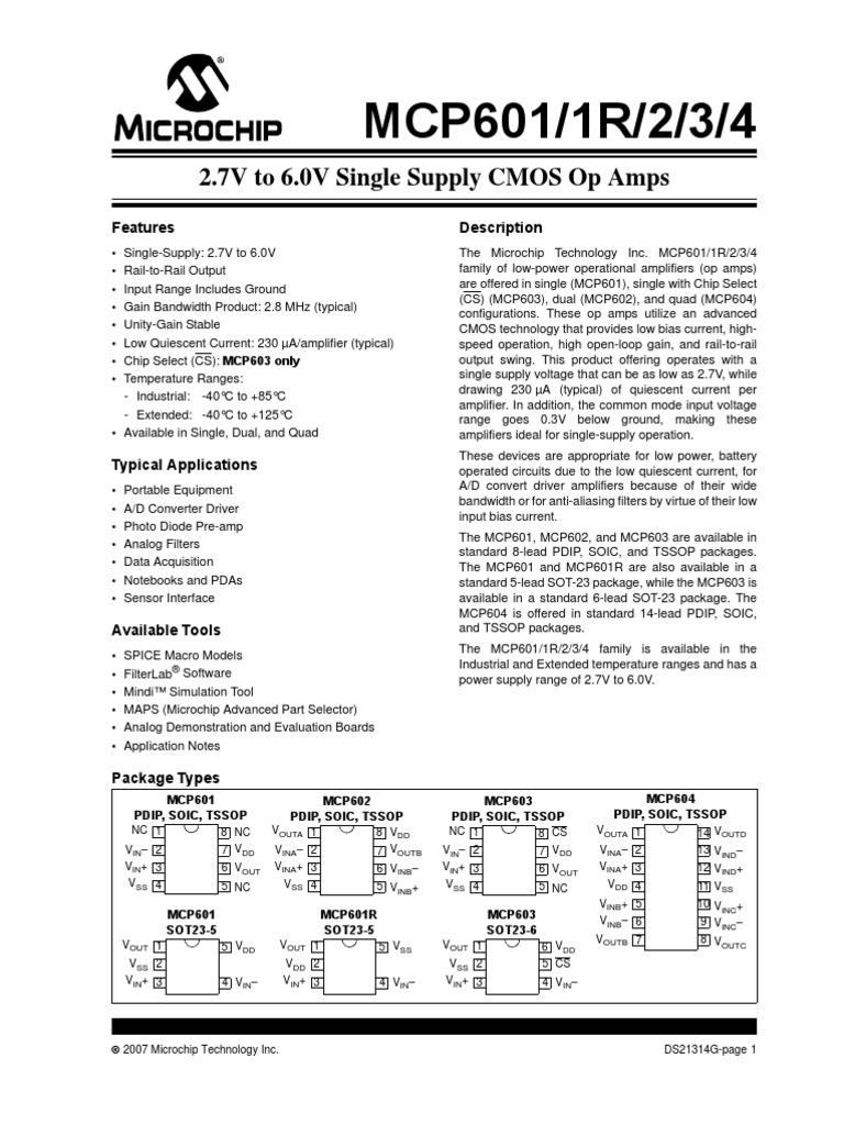 MCP601/1R/2/3/4: 2.7V To 6.0V Single Supply CMOS Op Amps | PDF | Operational Amplifier | Amplifier