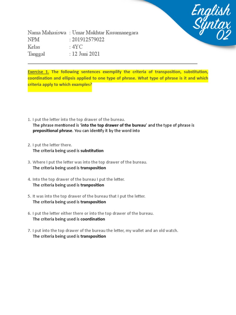 Assignment 02 - English Syntax | PDF | Phrase | Grammar