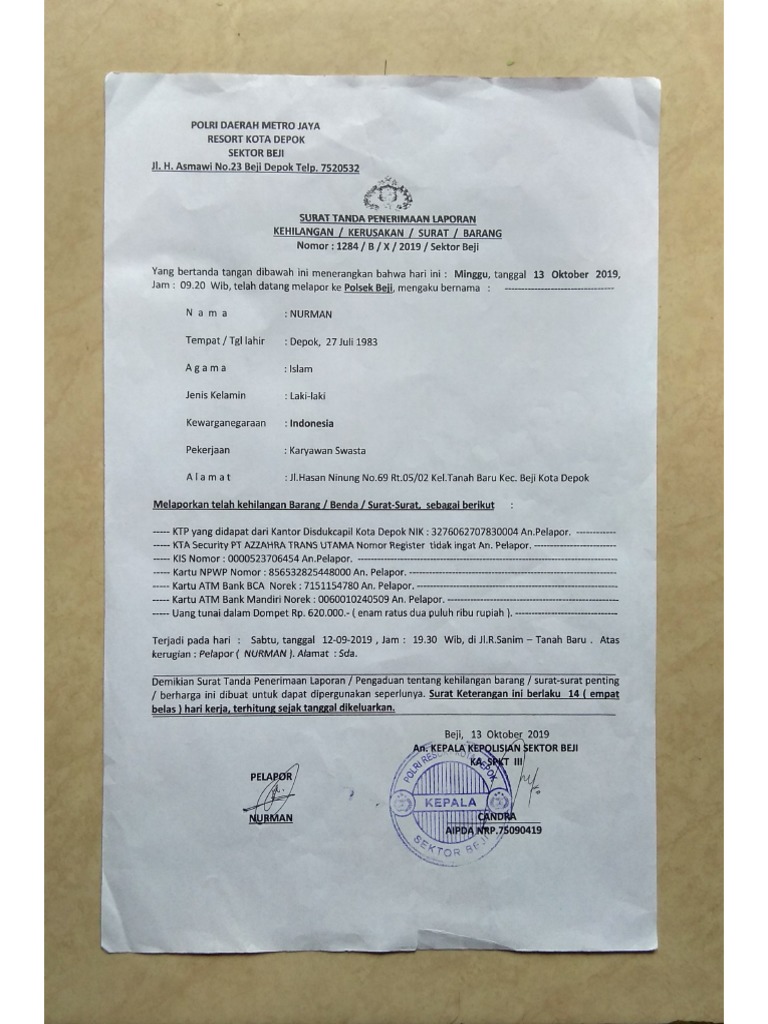 Contoh SURAT LAPORAN KEHILANGAN | PDF