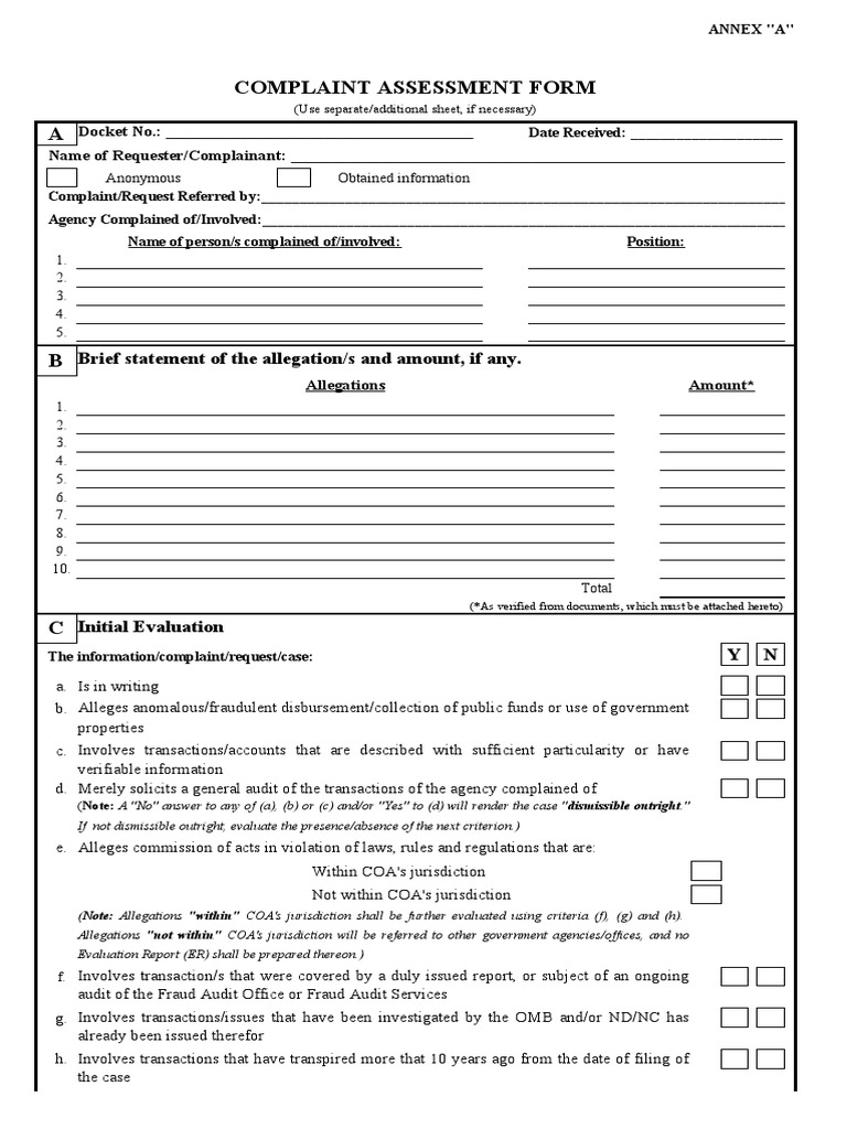Complaint Assessment Form A: Brief Statement of The Allegation/s and ...