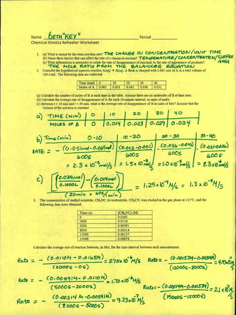 Chemical Kinetics Worksheet Answers | PDF | Mole (Unit) | Chemical ...