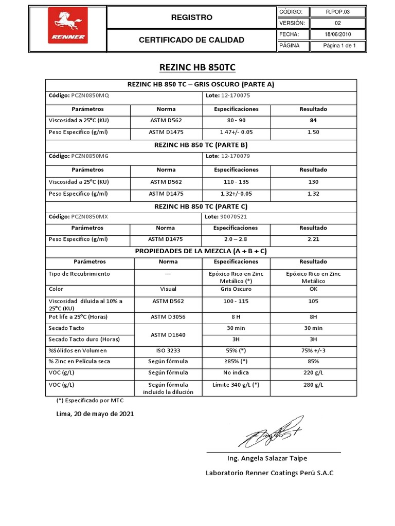 Rezinc HB 850 TC Certificado de Calidad | PDF | Naturaleza