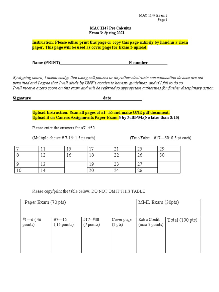 MAC 1147 Exam 3 Paper | PDF | Sine | Trigonometric Functions