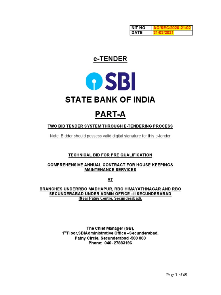 SBI Tender 2 For AO Secunderabad Housekeeping-2021 | PDF | Arbitral ...
