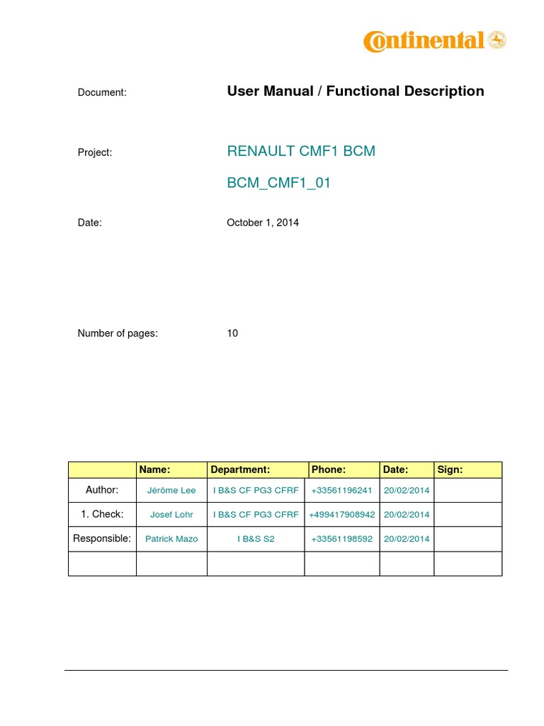 User Manual / Functional Description: Renault Cmf1 BCM BCM - CMF1 - 01 ...