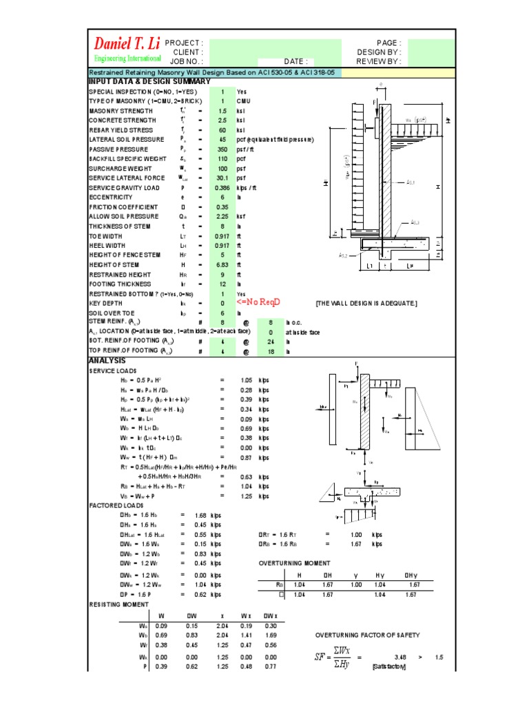Input Data & Design Summary: Restrained Retaining Masonry Wall Design ...