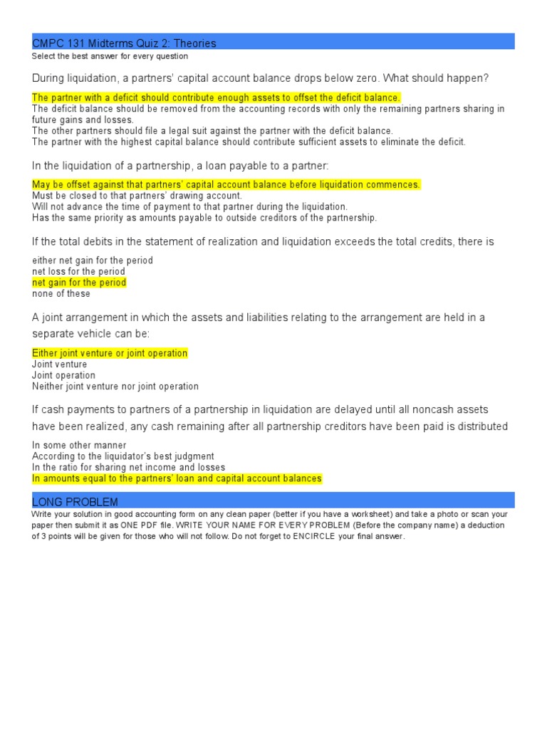 CMPC 131 Midterms: Partnership Liquidation | PDF | Career & Growth
