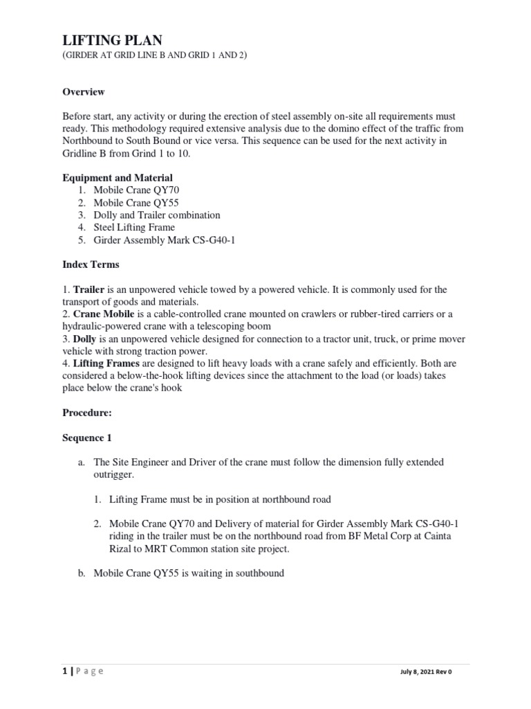 Lifting Plan and Sequence Rev 4 | PDF | Crane (Machine) | Trailer (Vehicle)