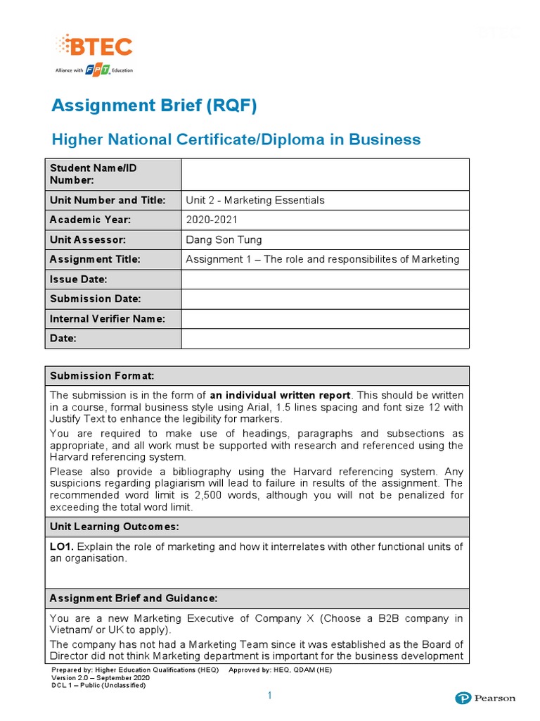 Assignment Brief (RQF) : Higher National Certificate/Diploma in Business | PDF | Marketing ...