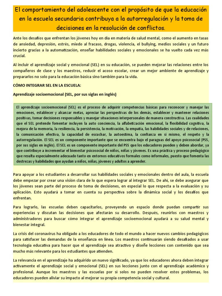 Integración de SEL en la Educación Secundaria | PDF | Las emociones ...