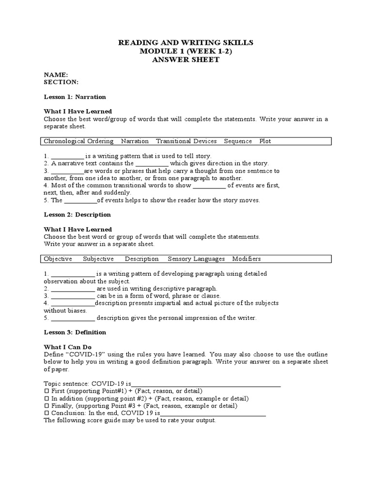 Reading and Writing Skills Module 1 (Week 1-2) Answer Sheet: Name ...