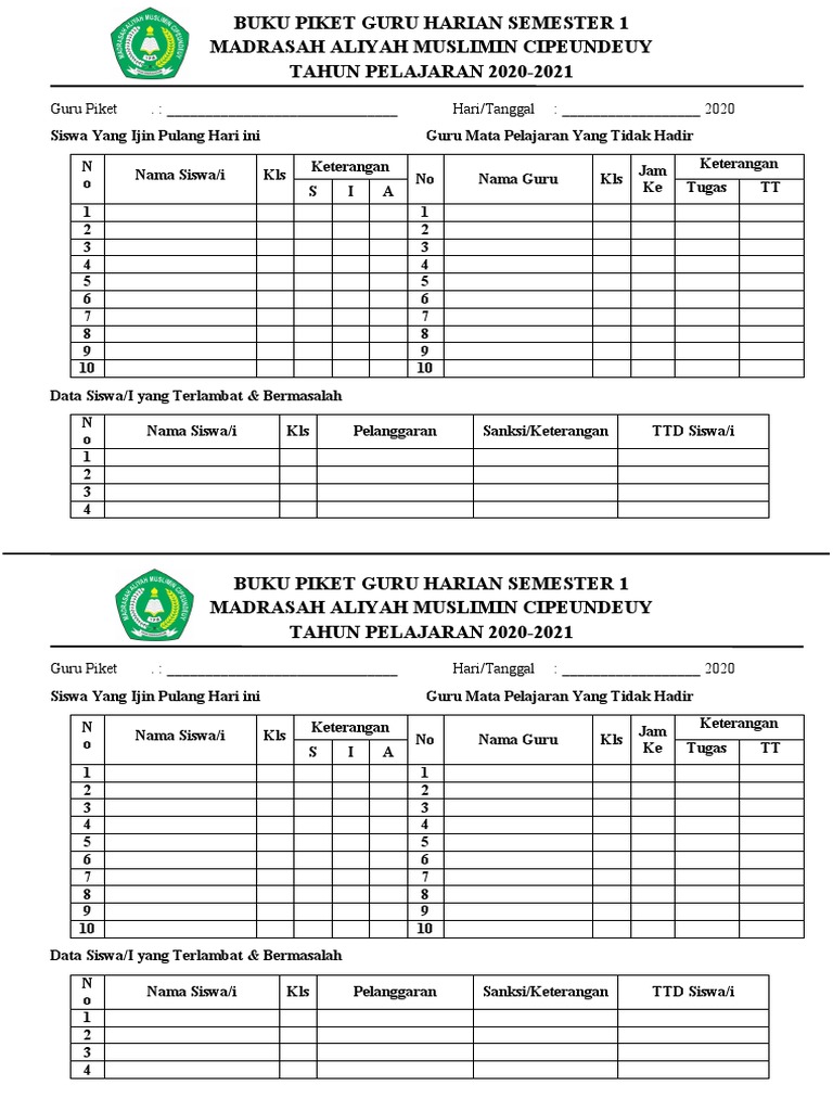 Buku Piket Guru Harian 2020 Baru | PDF
