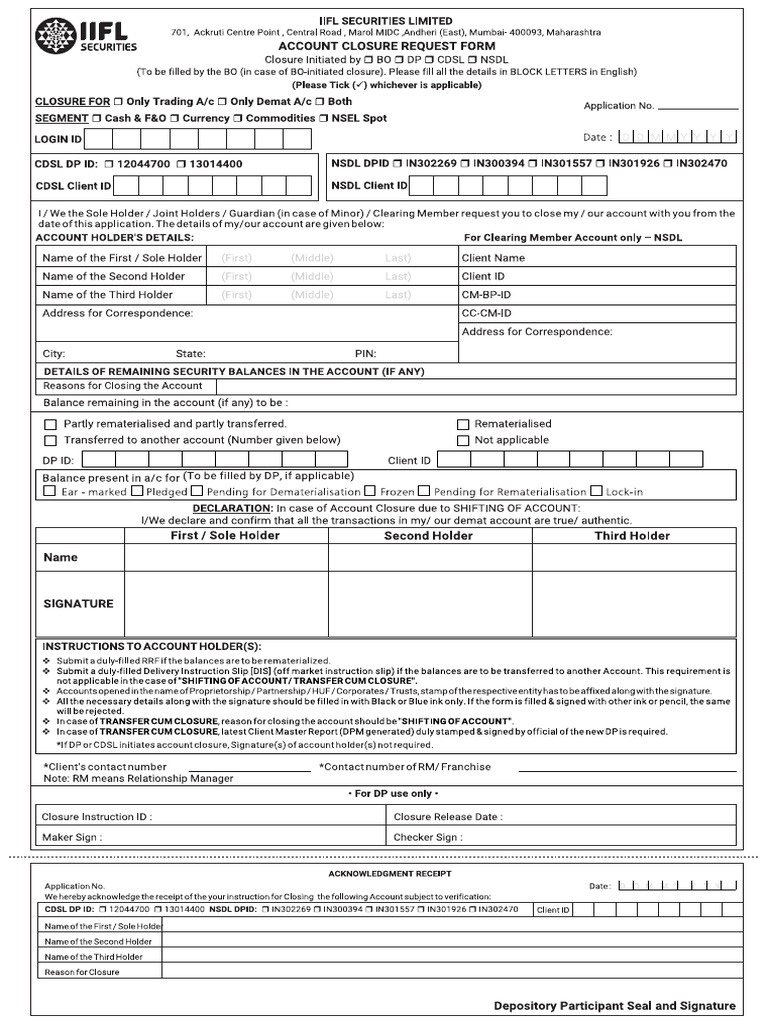 CDSL NSDL Account Closure Form Final Revised | PDF