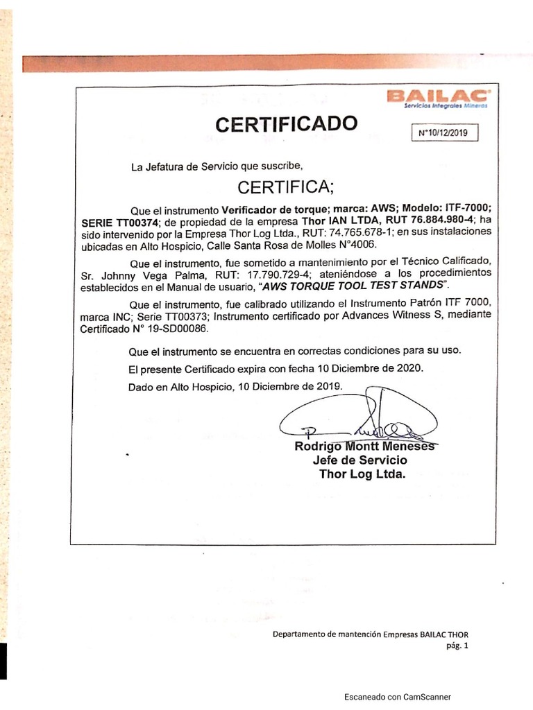 Certificado Verificador Torque ITF-7000 | PDF