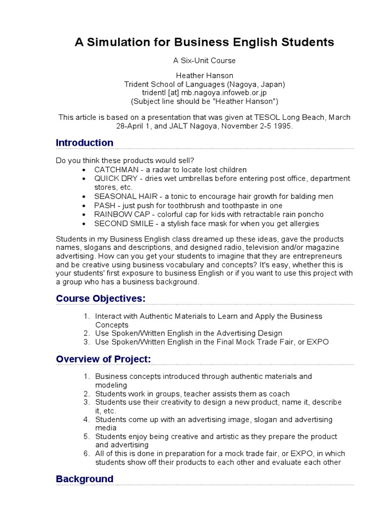 LESSON PLAN OF A Simulation For Business English Students | PDF ...