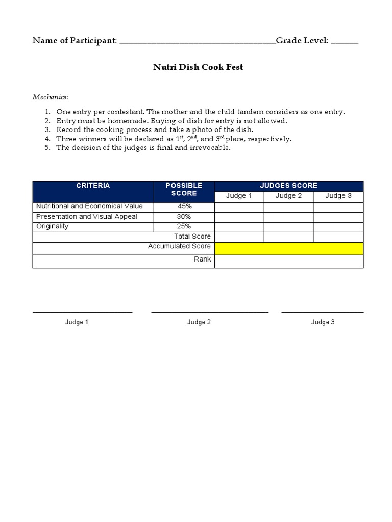 Judges Scores Sheet - Nutridish Cookfest | PDF