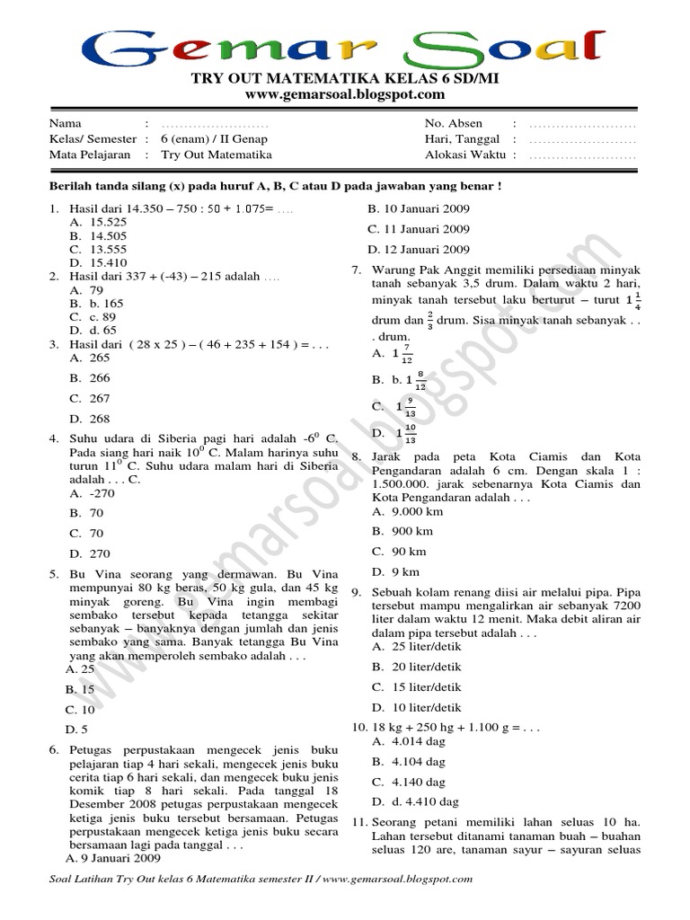 Soal TRY OUT Matematika Kelas 6 SD-MI Plus Kunci Jawaban Terbaru | PDF