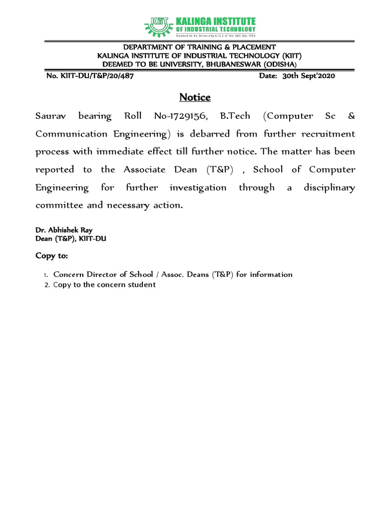 Notice: No. KIIT-DU/T&P/20/487 Date: 30th Sept'2020 | PDF | Technology ...