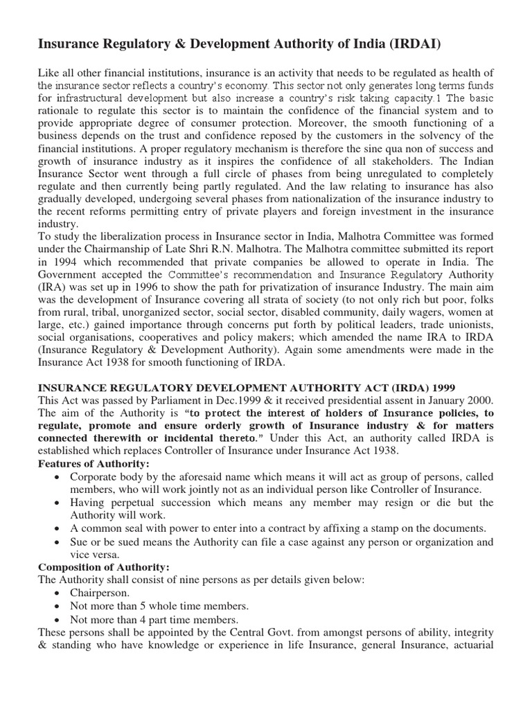 Insurance Regulatory & Development Authority of India (IRDAI ...