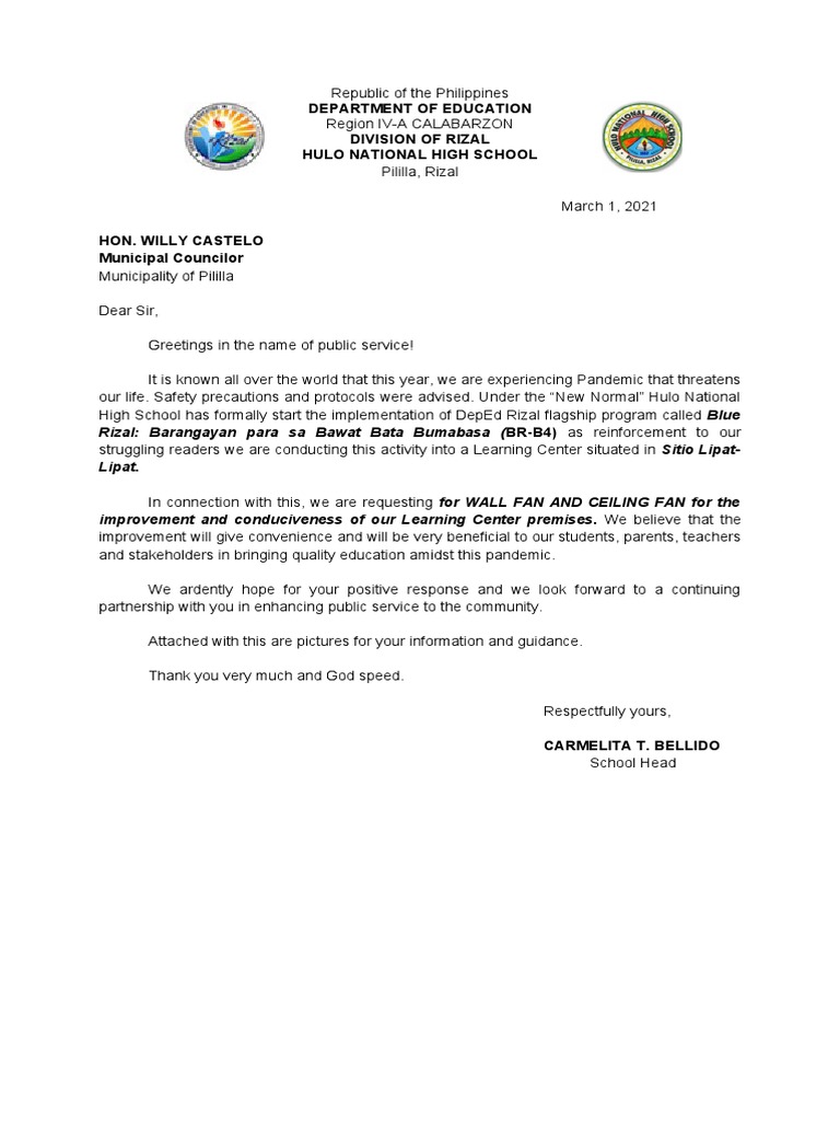 Request Letter For Wall Fan and Ceiling Fan | PDF