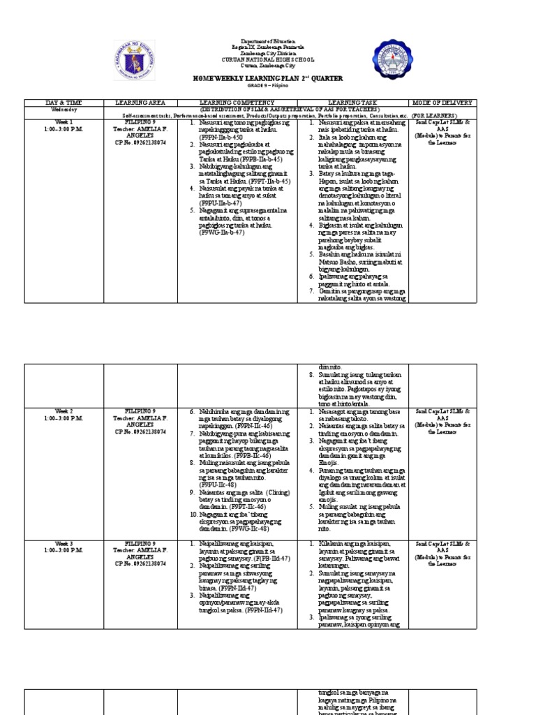 Home Weekly Learning Plan | PDF