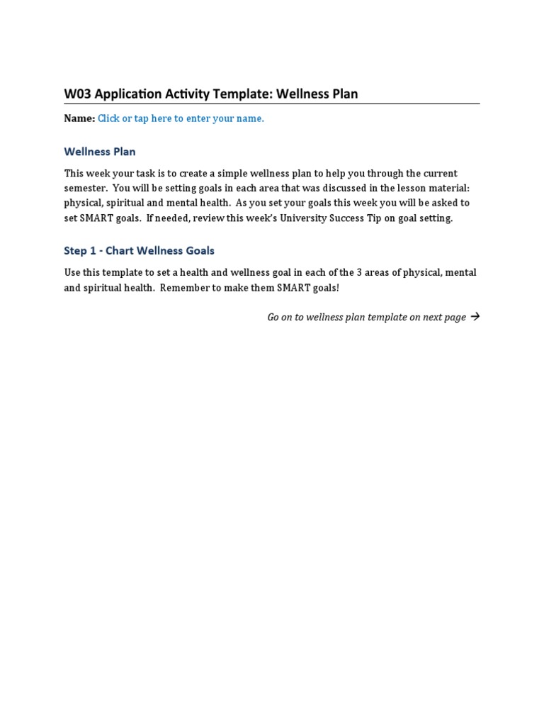 W03 Application Activity Template: Wellness Plan | Download Free PDF | Goal | Applied Psychology