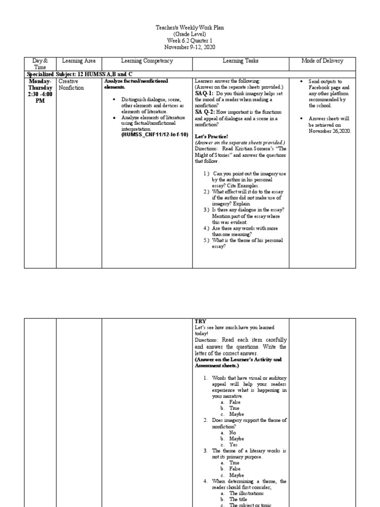 Week 6.2 Creative Nonfiction Plan | PDF | Essays | Poetry