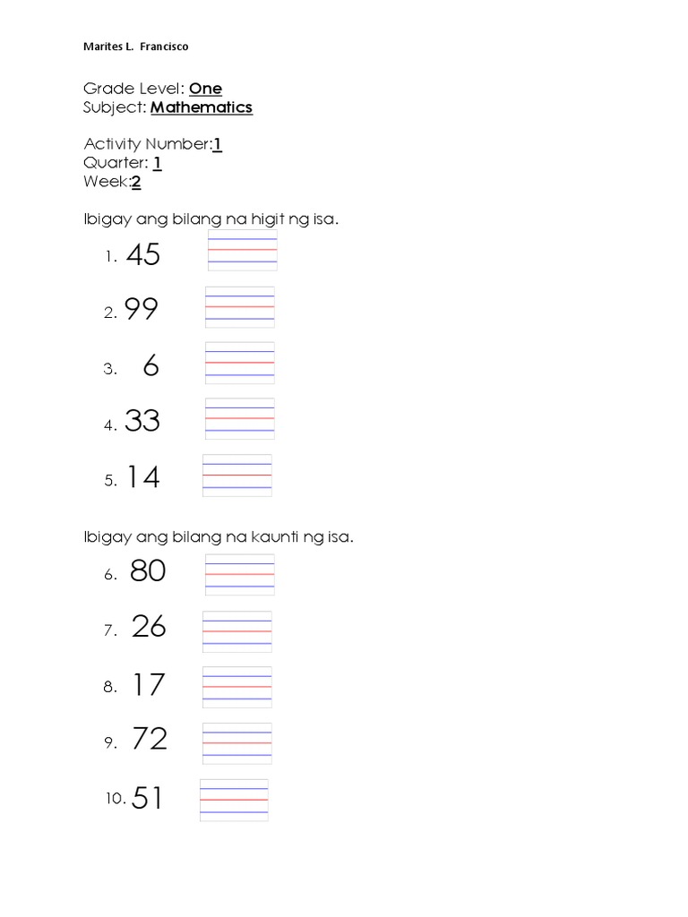 Math Worksheet 1 Gr1-Q1 Wk2 Francisco | PDF
