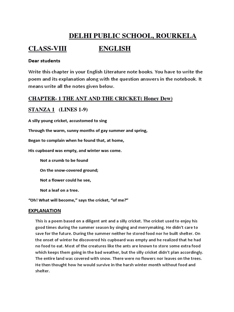 Delhi Public School, Rourkela Class-Viii English: Dear Students | PDF