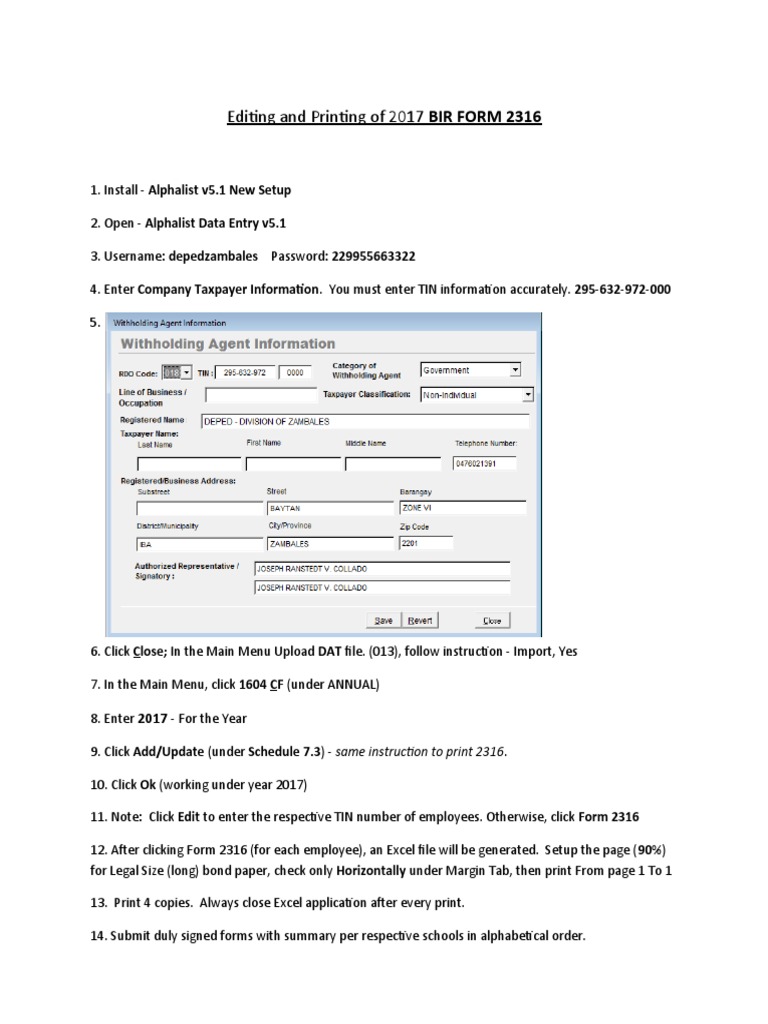 Editing and Printing of 2017 Bir Form 2316 | PDF