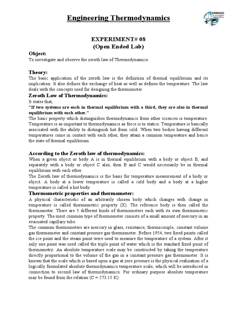Engineering Thermodynamics: Experiment# 08 (Open Ended Lab) | PDF | Temperature | Internal ...