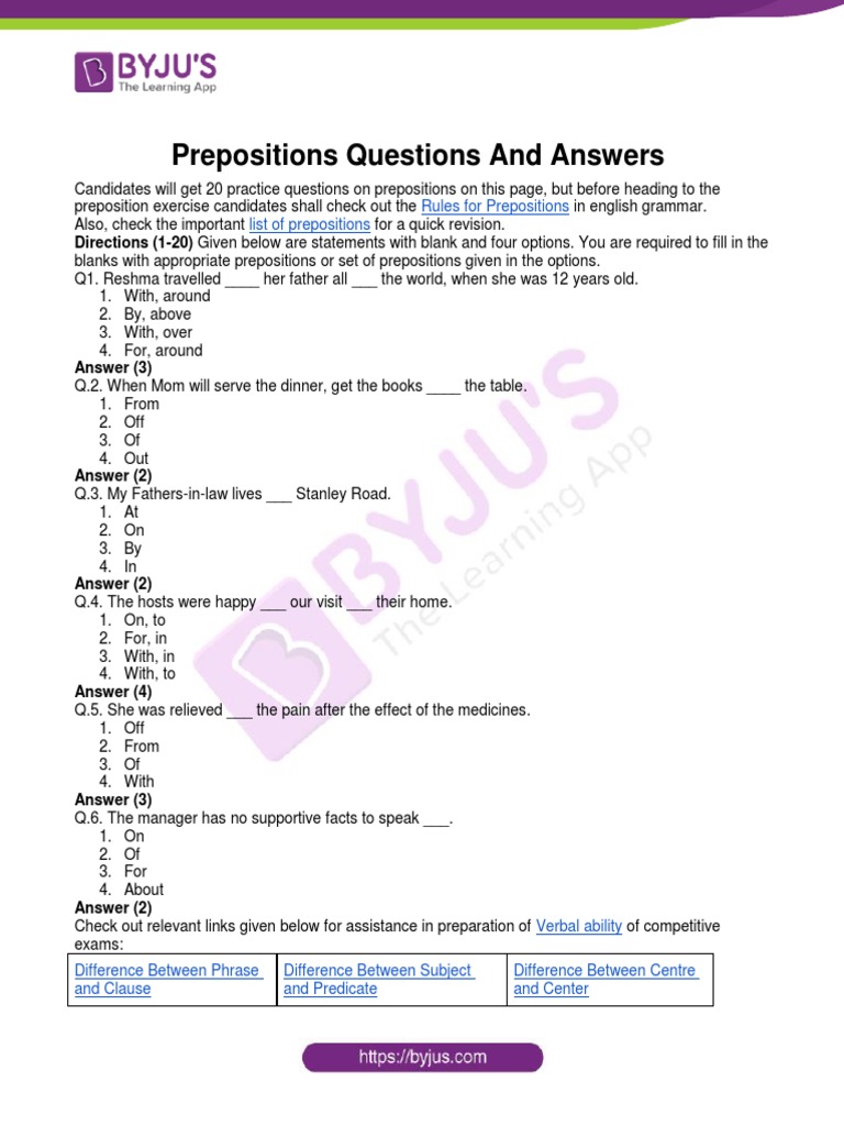 Prepositions Questions Answers | PDF | Preposition And Postposition | English Grammar