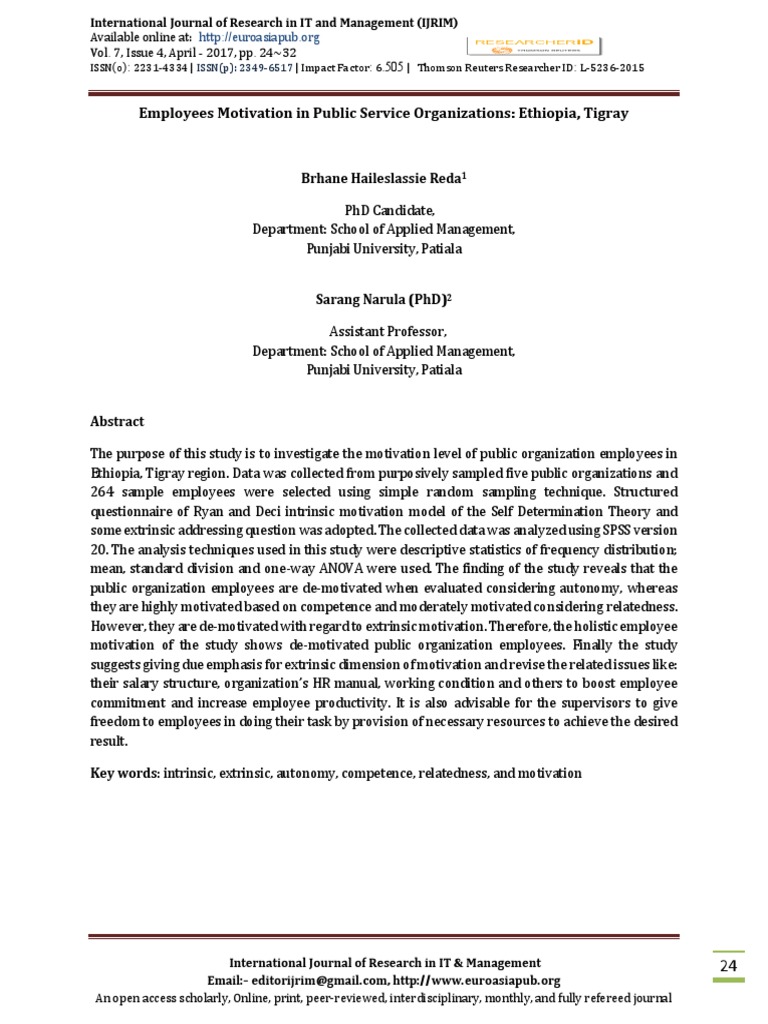 Employees Motivation in Public Service Organizations: Ethiopia, Tigray ...