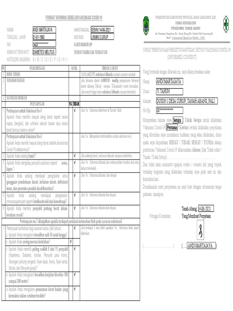 CARA PEGISIAN FORMAT SKRINING SEBELUM VAKSINASI COVID iNFORM | PDF