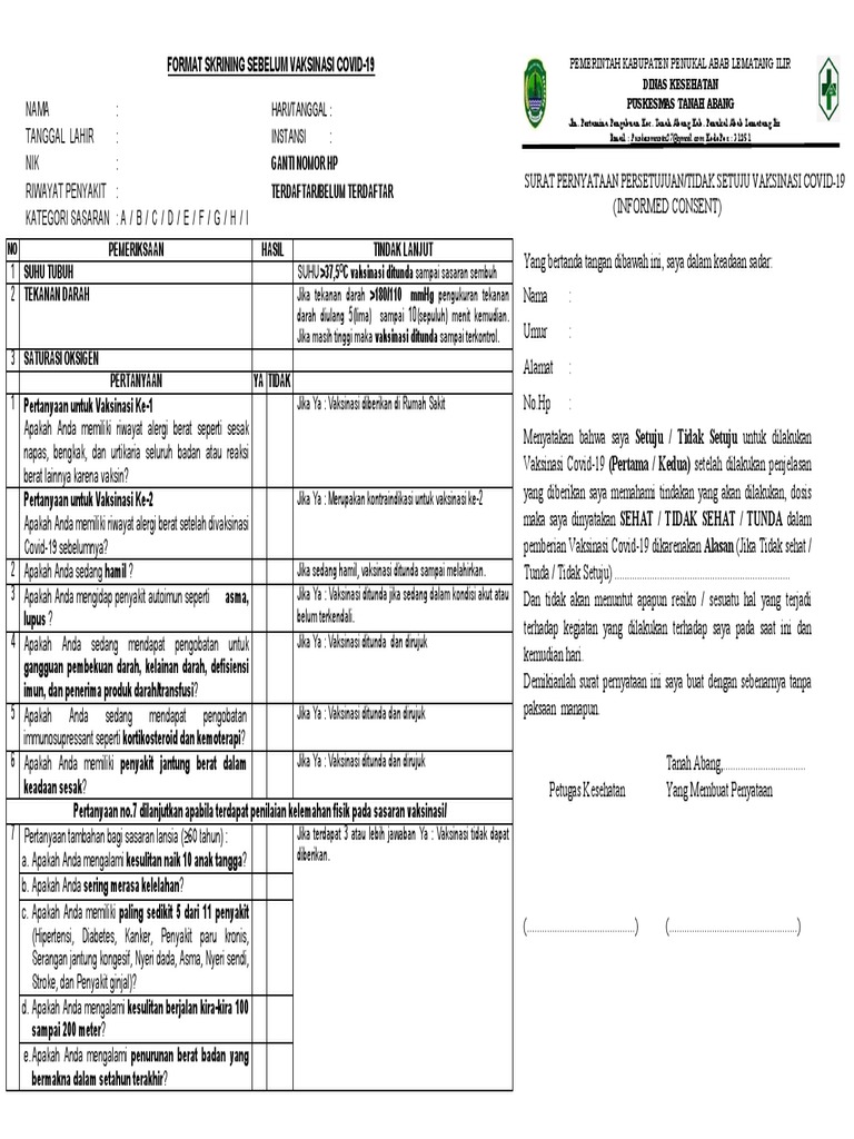 FORMAT SKRINING SEBELUM VAKSINASI COVID iNFORM | PDF