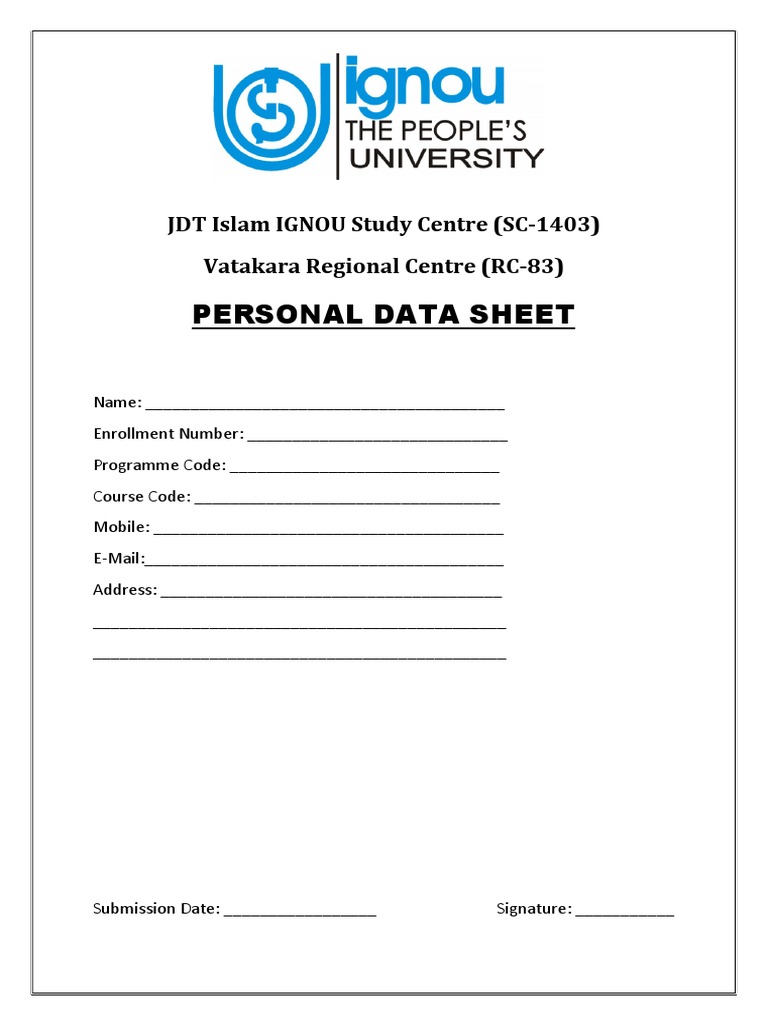 JDT IGNOU Personal Data Sheet | PDF