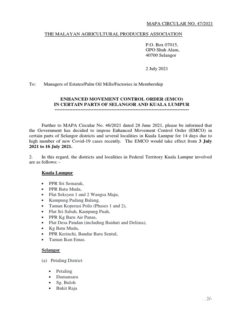 MAPA Circular 47/2021 Enhanced Movement Control Order | PDF | Business