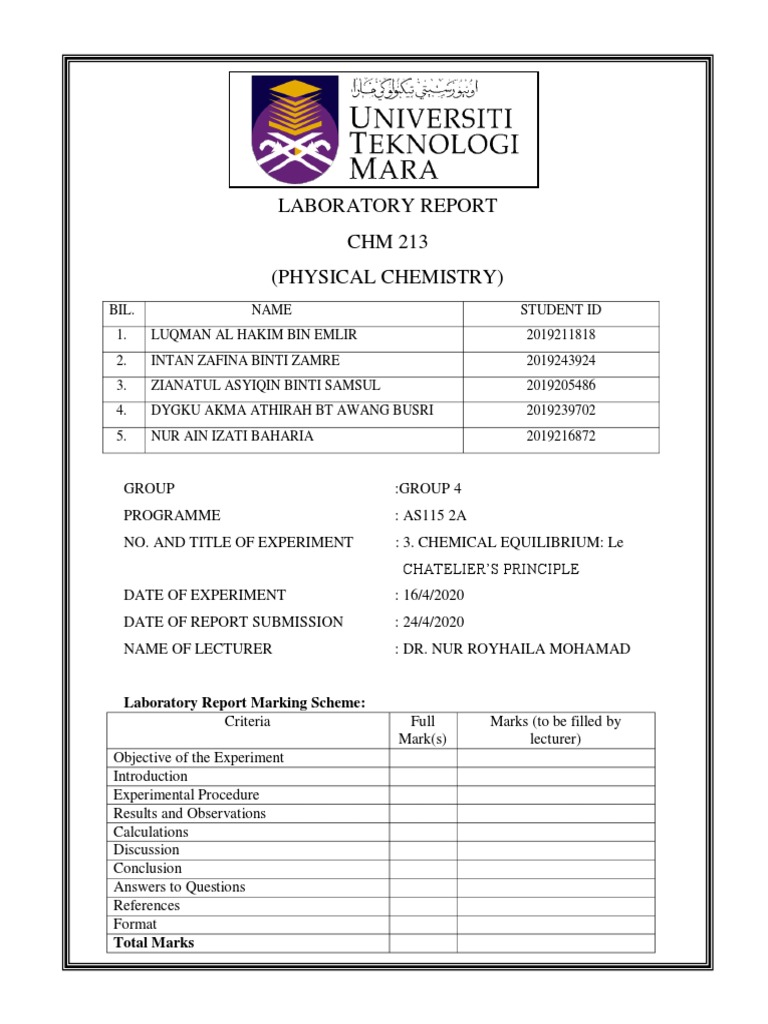 Laboratory Report CHM 213 (Physical Chemistry) | PDF | Chemical Equilibrium | Analytical Chemistry