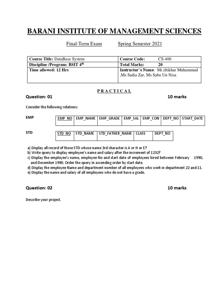Database Exam Questions on Employee and Student Relations | PDF
