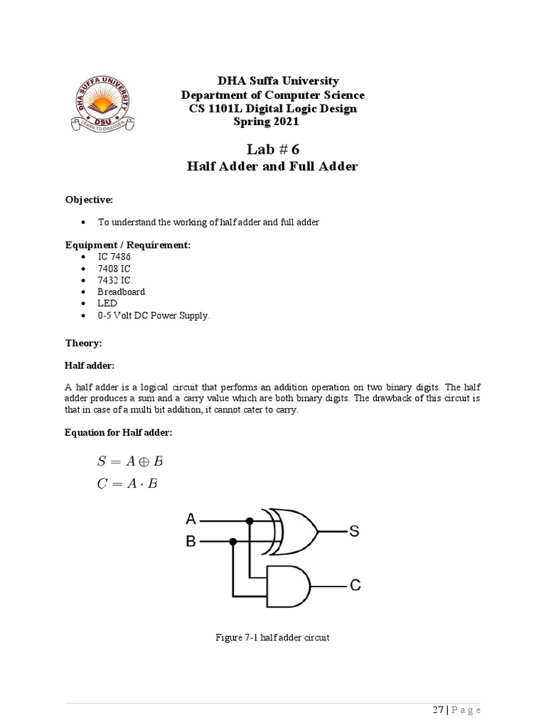 Half Adder and Full Adder: DHA Suffa University Department of Computer Science CS 1101L Digital ...