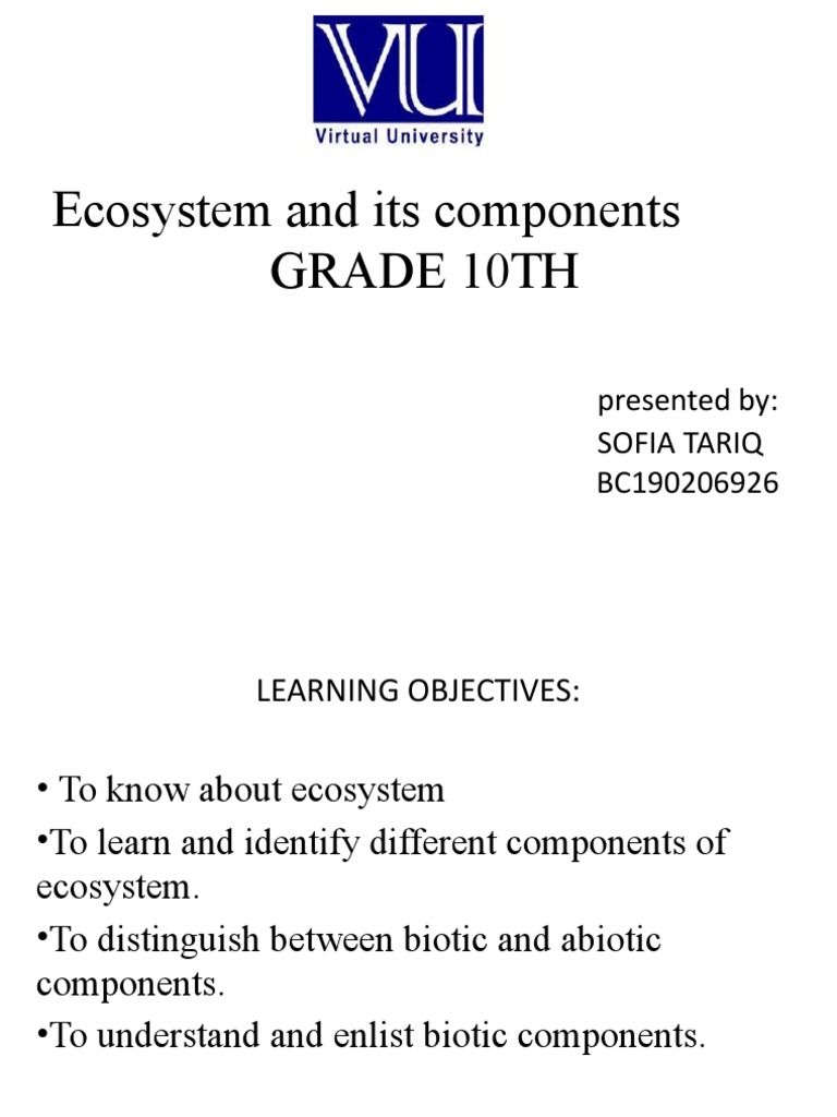Ecosystem and Its Components Grade 10Th: Presented By: Sofia Tariq ...