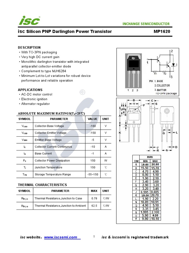 Silicon PNP Darlington Power Transistor MP1620: Description | PDF ...
