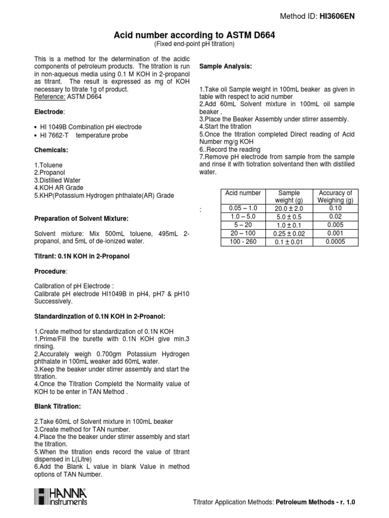 Acid Number According To ASTM D664: Sample Analysis | PDF | Titration | Chemistry