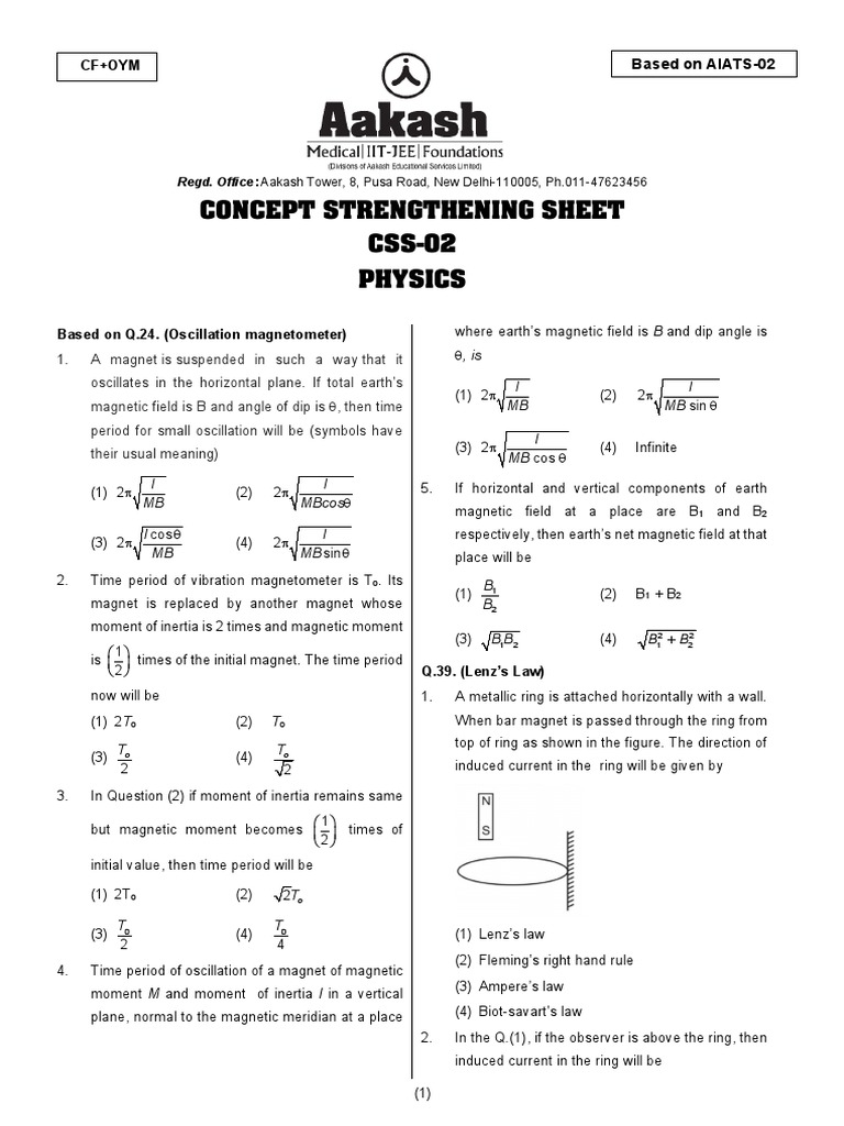 Concept Strengthening Sheet CSS-02 Physics: Cf+Oym | PDF | Magnetic Field | Electromagnetic ...