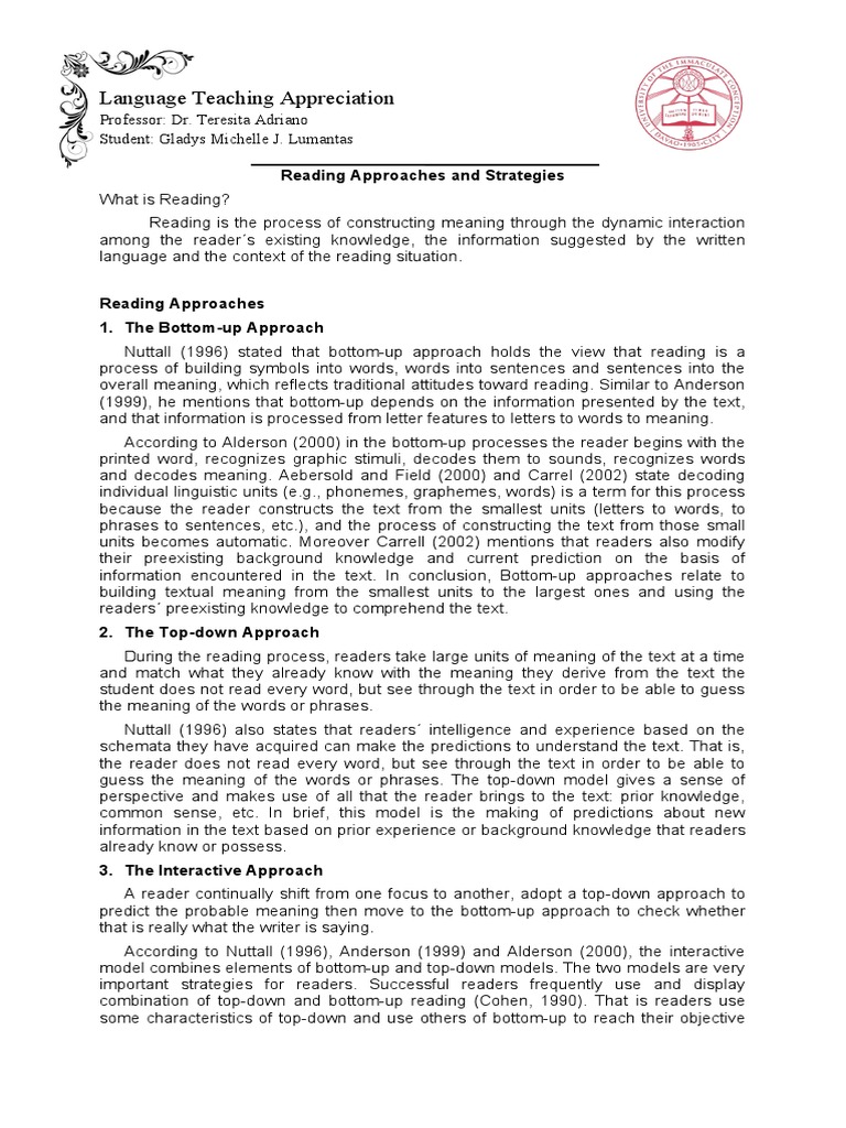 Language Teaching Appreciation: Reading Approaches and Strategies | PDF ...
