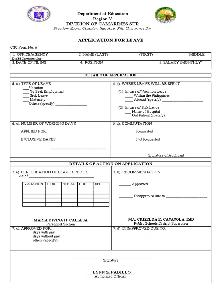 Application For Leave: Department of Education Region V Dividion of ...