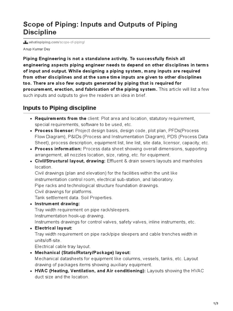 Scope of Piping Inputs and Outputs of Piping Discipline | PDF ...