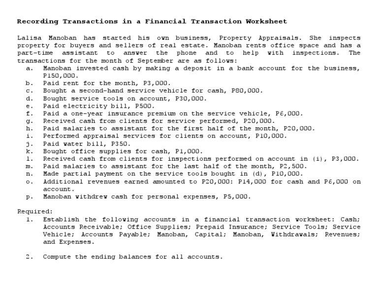 Recording Transactions in A Financial Transaction Worksheet | PDF