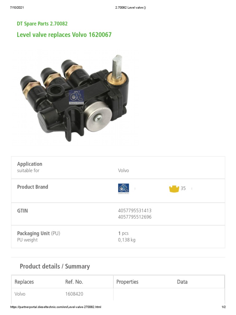 Level Valve Replaces Volvo 1620067: DT Spare Parts 2.70082 | PDF
